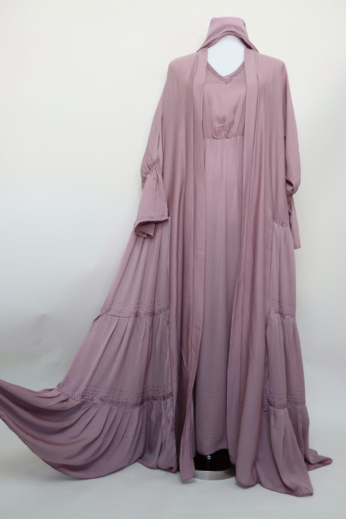 3 Piece Set Open Tiered Abaya - Mauve Pink – sunnahoutfitters